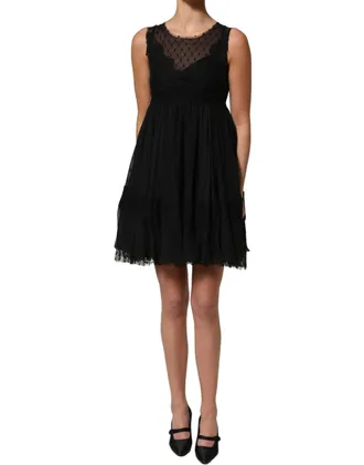 Dolce & Gabbana Womens Black Lace Trim Sleeveless A-Line Mini Dress Silk Cotton Nylon