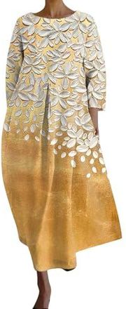 Generic Robe midi pour femme - Robe décontractée pour femme - Col rond - Tendance - Manches longues - Imprimé floral - Élégante robe élégante, jaune, M