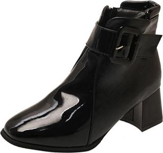 Generic Bottines courtes tendance en patchwork avec boucle et sangle d&eacute;corative, bout carr&eacute;, talon bloc, fermeture &eacute;clair dans le dos, pour femme, Noir, 38.5 