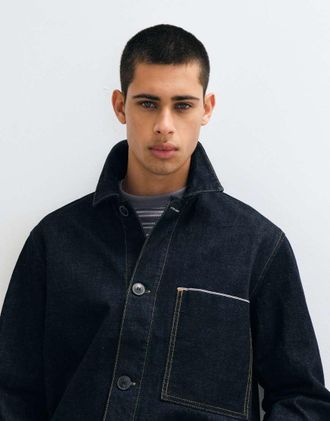 Selected veste en jean selvedge coordonn&eacute;e &agrave; surpiq&ucirc;res contrastantes bleu fonc&eacute;