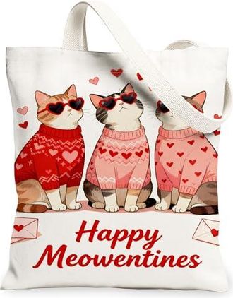 Generic Sac fourre-tout en toile motif chat mignon, motif coeur f&eacute;lin, sacs d&eacute;picerie, sacs d&eacute;picerie r&eacute;utilisables, saint valentin vintage l&eacute;ger toile lavabl