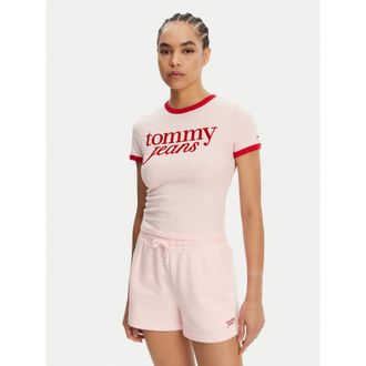 Tommy Jeans T-Shirt Script Ringer DW0DW20631 Rosa Slim Fit