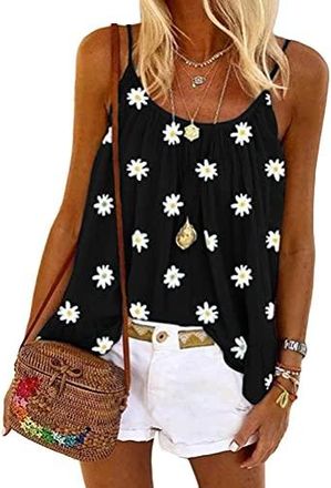 TOMWELL Débardeur Femme Été Lâche Imprimé Col Rond Sling sans Manches Mode Chic Plage Shirt Retro Casual Tank Tops T-Shirt Vest Blouse D Noir 48