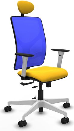 Piqueras y Crespo B&uuml;rostuhl mit schwarzen und wei&szlig;en Armlehnen, h&ouml;henverstellbare Lendenwirbelst&uuml;tze und festes Kopfteil, ausgestattet mit Syncro/Traslack. Blau/Gelb