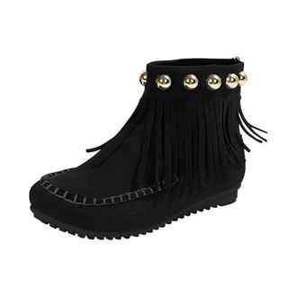 Generic Bottines pour femme - Chaussures plates vintage &agrave; franges - Bout rond - Bottes de cowboy occidentales - Large largeur - Chaudes - Rivets antid&eacute;rapants