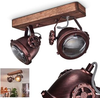 HOFSTEIN Deckenleuchte Herford, 2-flammige Zimmerlampe in Metall und Holz in Braun und Rost mit Glasschirm, Spots sind dreh- und schwenkbar, 2 x GU10, ohne Leu