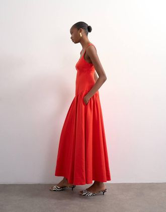 Topshop Robe longue en lin m&eacute;lang&eacute; &agrave; taille basse - Rouge