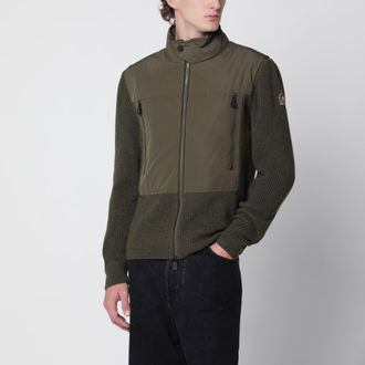 Moncler Olivgr&uuml;ne Strickjacke aus Wolle mit Polyestereins&auml;tzen
