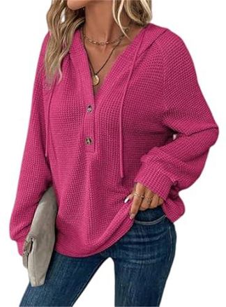 Generic Femmes Automne Hiver Mode Couleur Unie Manches Longues Col V Top avec Capuche Demi Boutonn&eacute; Cordon de Serrage Veste, Rouge, 4XL