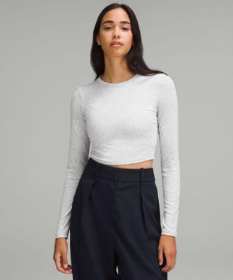 lululemon Hold Tight Crop-Langarmshirt mit geradem Saum f&uuml;r Frauen - Gr&ouml;&szlig;e 10 in Heathered Core Ultra Light Grey