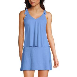 Lands End Tankini-Top mit geknoteten Tr&auml;gern und Flattersaum in Lang-Gr&ouml;&szlig;e, Damen, Gr&ouml;&szlig;e:44 regular, Blau, Elasthan/Nylon-Mischung, by Lands End