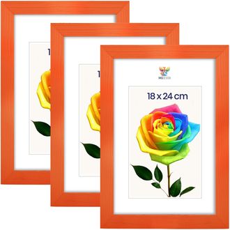 MG Design 3er Set Bilderrahmen 18 x 24 cm - Fotorahmen mit Orange Echtholzrahmen und bruchsicherem Acrylglas, Hoch & Quer zum Aufh&auml;ngen, zum Aufstellen