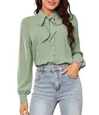 Kate Kasin Elegant Damen Bodysuit Bluse Schleifendekoration Langarm Bodysuit B&uuml;roarbeitshemd, l&auml;ssige Oberteile Hellgr&uuml;n XL