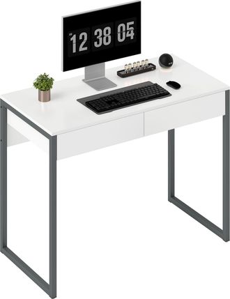 HOMCOM Schreibtisch mit 2 Schubladen, 100x50x75 cm, Schreibtisch, Computertisch, Stahlgestell, f&uuml;r Zuhause, B&uuml;ro, kleine R&auml;ume, wei&szlig; gl&auml;nzend