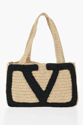 Valentino Raffia Tote Bag with Contrasting Monogram Valentino