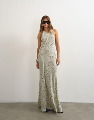 Topshop Maxikleid aus Satin mit Cut-away-Racer-Ausschnitt und weitem Rock in Mono-Wellenprint-Keine Farbe