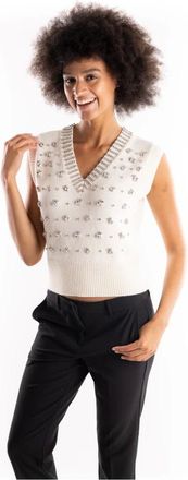 Pinko Pinko, Femme, Pulls, Blanc, Taille: 38 FR Veste Blanche en Tricot avec Strass