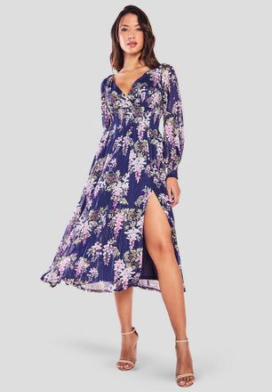 Goddiva Midikleid Printed Lurex Chiffon Long Sleeve Midi Dress knielang