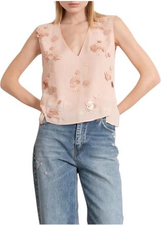 Kaos Kaos, Femme, Tops, Beige, Taille: 40 FR Top sans manches &agrave; col en V avec broderie et sequins