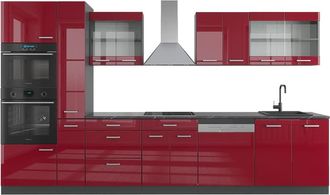 Vicco Küchenzeile R-Line, Rot Hochglanz/Anthrazit, 350 cm mit Hochschrank, ohne Arbeitsplatte