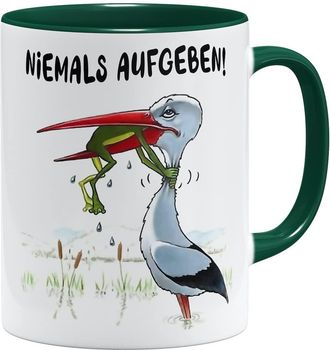 OM3 Niemals aufgeben Kaffee-Tasse mit Spruch - Motivationstasse - Motivation - Keramik Becher - 325ml - Beidseitig Bedruckt - Grün