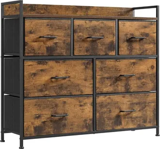 Songmics Songmics - Commode avec 7 Tiroirs en Tissu, Meuble de Rangement &agrave; 3 Niveaux, avec Poign&eacute;es en M&eacute;tal, Style Industriel, Marron Rustique et Noir