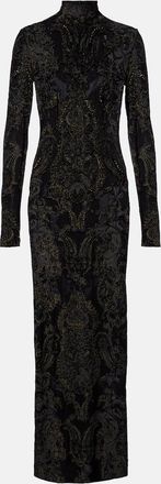 Roberto Cavalli Robe longue brod&eacute;e en velours et r&eacute;sille