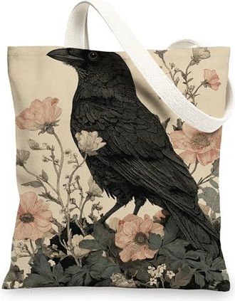 Generic Raven Sac fourre-tout en toile, motif oiseau floral, sacs dépicerie réutilisables, style vintage, léger, lavable avec bandoulière, beige, 13x15 Inch