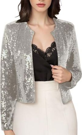 Generic Veste Blazer Femme Veste &Agrave; Sequins &Eacute;l&eacute;gante pour Femme Manches Longues Ouverte sur Le Devant Cardigan Court Paillet&eacute; Col Rond Sexy Blazer Bol&eacute;ro Scint