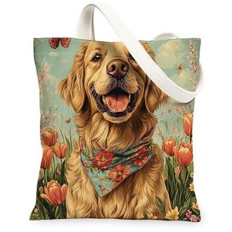 Generic Sac fourre-tout en toile motif chien Golden Retriever pour le shopping, 33 x 38,1 cm, sac &agrave; bandouli&egrave;re r&eacute;utilisable pour femme, peinture danimaux dom
