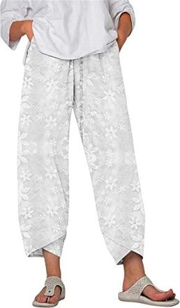Generic Pantalon d&eacute;t&eacute; droit pour femme - Taille haute - En coton - D&eacute;contract&eacute;, e-blanc, XL