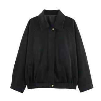 Generic Veste en daim synthétique pour femme avec fermeture éclair sur toute la longueur, manches chauve-souris, manteau décontracté classique avec poche, Noi