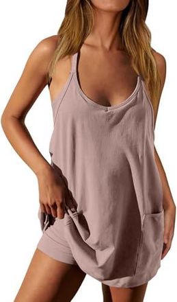 Generic Combinaison d&eacute;t&eacute; en coton pour femme - Salopette courte sans manches pour femme - Combinaison avec poches lat&eacute;rales et short - Salopette d&eacute;t&eacute; sans man