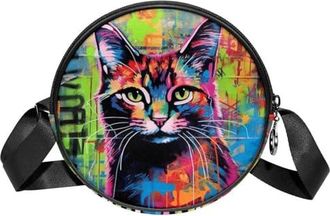 Generic Sac &agrave; bandouli&egrave;re rond rond pour femme, motif graffiti de chat, avec fermeture &eacute;clair, bretelles r&eacute;glables, d&eacute;contract&eacute;