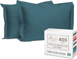 Pizuna Coton Peign&eacute; Set de 2 Taies doreiller 65x65 cm Bleu Paon, 100% Coton Longue Tige 400 Fils Armure Satin taies doreiller Douces 65x65 en Coton taies dor
