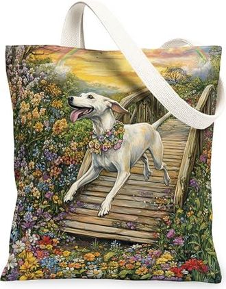 Generic Sac fourre-tout en toile motif chien Whippet de printemps 33 x 38,1 cm, sac d&eacute;picerie r&eacute;utilisable pour femme, motif floral, plage, esth&eacute;tique, peintu