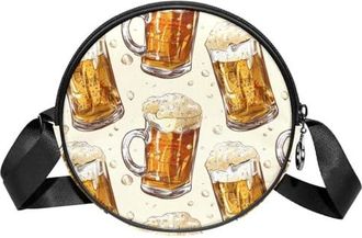 Generic Sac &agrave; bandouli&egrave;re rond pour femme, motif bi&egrave;re, petit sac &agrave; bandouli&egrave;re avec fermeture &eacute;clair, bretelles r&eacute;glables, sac &agrave; main rond d&eacute;contract&eacute; pour f