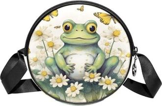 Generic Petit sac &agrave; bandouli&egrave;re rond pour femme, motif grenouille aquarelle avec fermeture &eacute;clair, bretelles r&eacute;glables, sac &agrave; main rond d&eacute;contract&eacute; pour femme