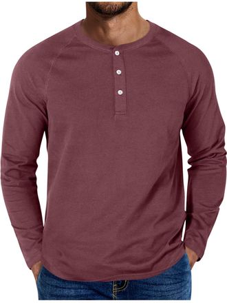 ORANDESIGNE Herren Langarm Henley-Shirt Basic Longsleeve Shirts mit Knopfleiste 2025 A Weinrot L