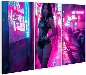Islandburner Bild auf Leinwand Asiatische Sexy Frau in schwarzem Lederoutfit bei Nacht in neonbeleuchteter Stadtstraße Cyberpunk Bangkok Bilder Wandbilder Poster