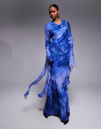 Daska Robe longue &agrave; volants et col b&eacute;nitier montant en mousseline - Imprim&eacute; abstrait cobalt-Bleu