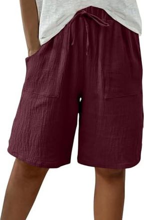 Generic Short en lin pour femme longueur genou en coton et lin &agrave; jambe large Bermuda 3/4 pour femme avec cordon de serrage et taille &eacute;lastique avec poches, pa