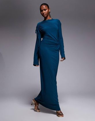 Asos Robe longue drap&eacute;e &agrave; col montant et taille torsad&eacute;e avec manches longues - Bleu sarcelle