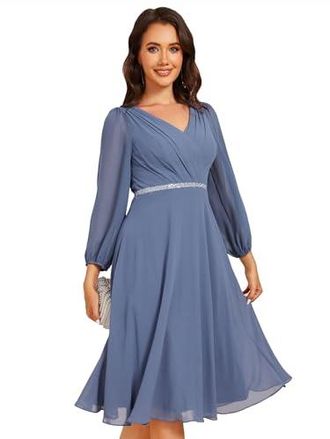 Ever-pretty Robe pour Invité Mariage Col V Manches Longues sans Manche Bleu Brume 42