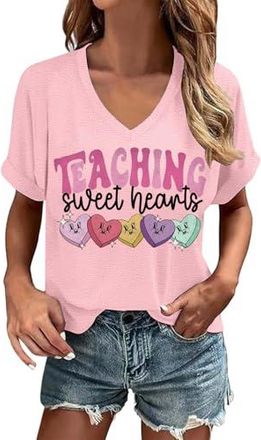 Generic T-shirt d&eacute;t&eacute; &agrave; manches courtes et col en V de couleur unie pour femme 2026, rose, XXL