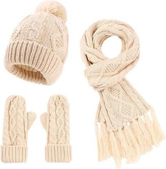 Generic Lot de 3 gants dhiver tricotés pour femme avec bonnet, écharpe, gants et écharpes en velours - Couleur unie, beige, taille unique