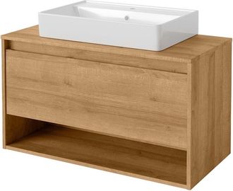 Fackelmann Natura Badmöbel Set 2 Teile/Keramik Waschbecken/Waschbeckenunterschrank mit Schublade/hochwertiger Badschrank mit Soft-Close-System/Korpus & Front: Br
