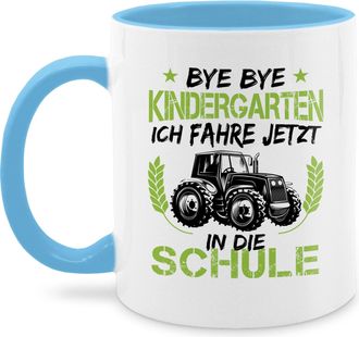 Shirtracer Tasse Tassen 325ml - Einschulung Geschenk Schulanfang - Bye Bye Kindergarten ich fahre jetzt in die Schule Traktor Schwarz Grün - 325 ml - Hellblau - 