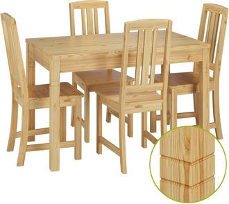 Erst-Holz Vollholz-Essgruppe mit Tisch und 4 St&uuml;hle Kiefer Massivholz Natur 90.70-51 B-Set 22