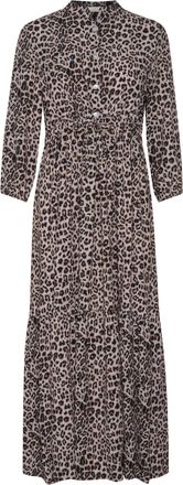 Cream Womens Maxi Band Collar Drawstring Waist 3/4 Sleeves Buttons Dress, Animal Neutral, Large